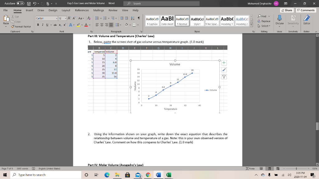 Solved AutoSave CH H2 Exp.5 Gas Laws and Molar Volume - Word | Chegg.com