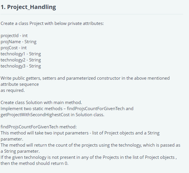 Solved Create a class Project with below private attributes: | Chegg.com