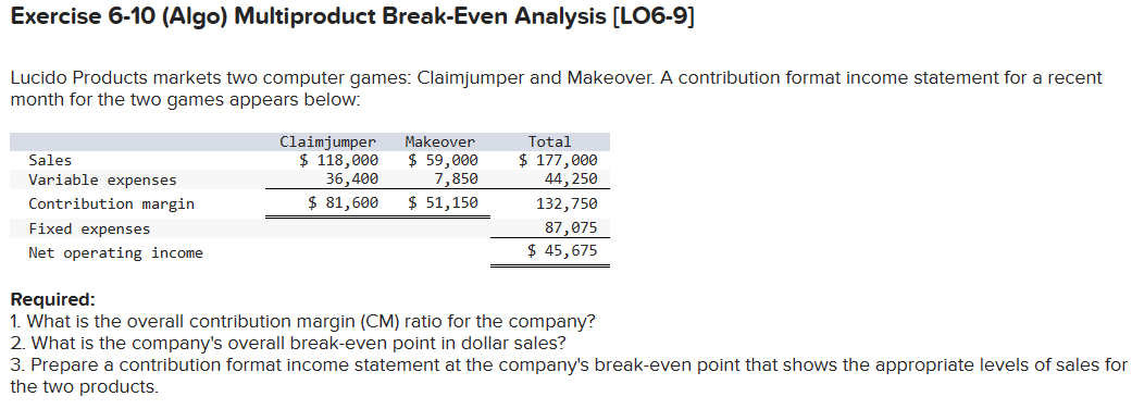 Solved Exercise 6-10 (Algo) Multiproduct Break-Even Analysis | Chegg.com