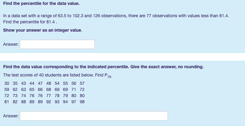 Solved Find the percentile for the data value. In a data set | Chegg.com