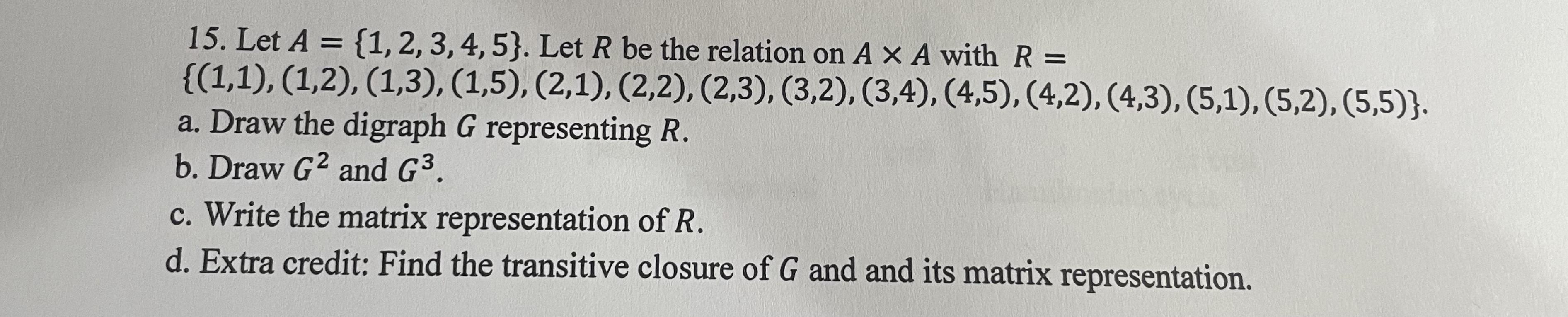 Solved 15. Let A={1,2,3,4,5}. Let R be the relation on A×A | Chegg.com