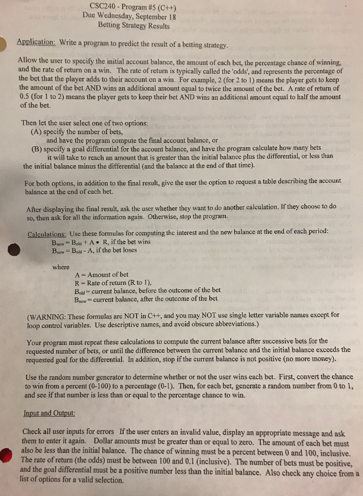 CSC240 - Program #5 (C++) Due Wednesday, September 18 | Chegg.com
