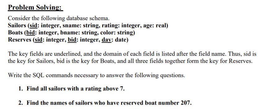 Solved Problem Solving: Consider the following database | Chegg.com