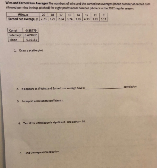 Solved Wins and Earned Run Averages The numbers of wins and | Chegg.com