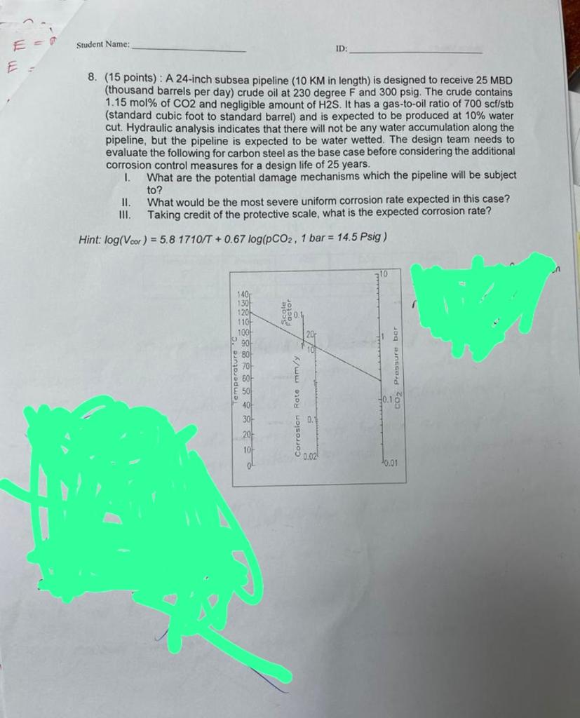 Solved 8. (15 points) : A 24-inch subsea pipeline ( 10KM in | Chegg.com