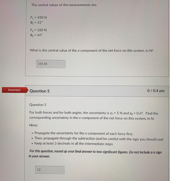 Solved The central values of the measurements are: F1 450 N | Chegg.com