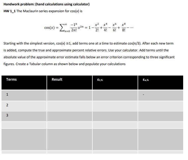 Solved Handwork problem: (hand calculations using | Chegg.com