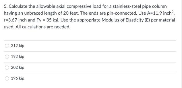 Solved 5. Calculate the allowable axial compressive load for | Chegg.com