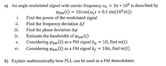 Solved a) An angle modulated signal with carrier frequency | Chegg.com