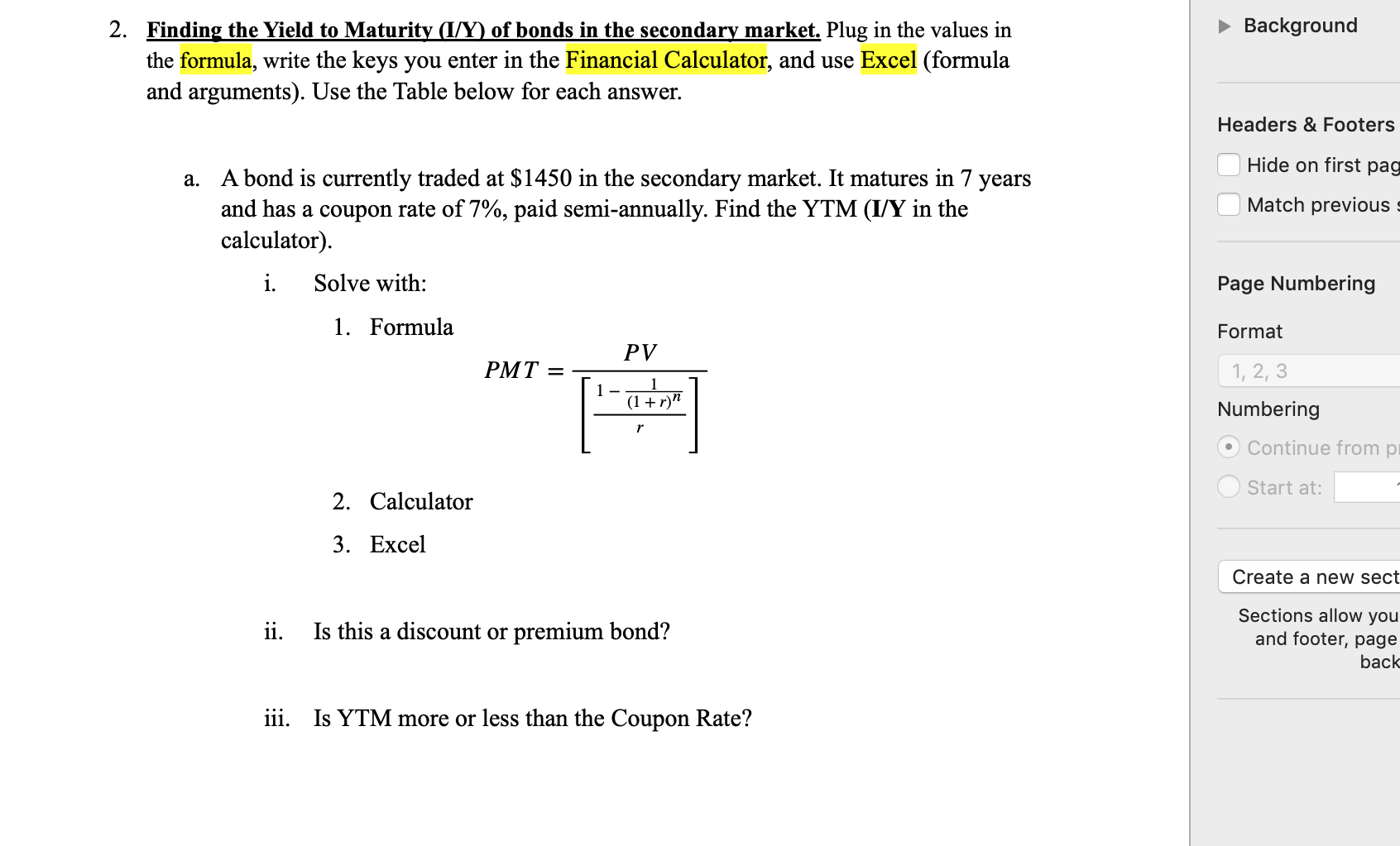 Solved 2. Finding the Yield to Maturity (I/Y) of bonds in | Chegg.com