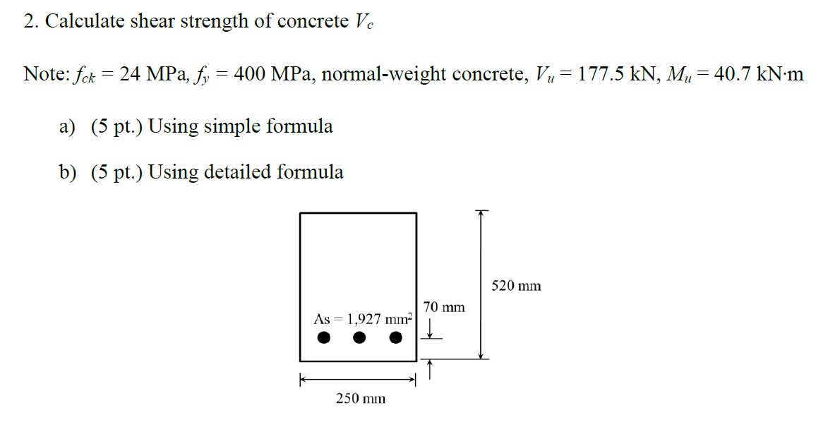 Solved 2. Calculate shear strength of concrete Vc Note: fck | Chegg.com