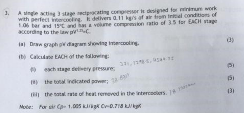 Solved A single acting 3 stage reciprocating compressor is | Chegg.com