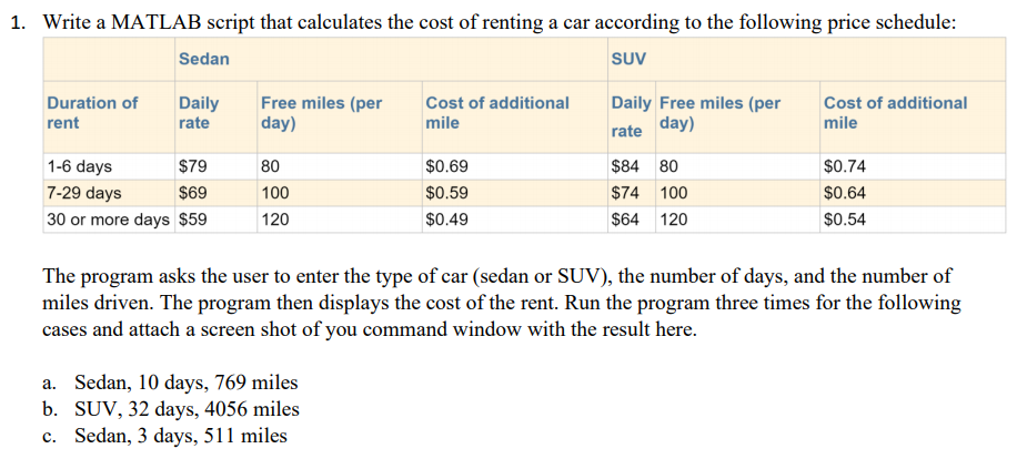 1. Write a MATLAB script that calculates the cost of | Chegg.com