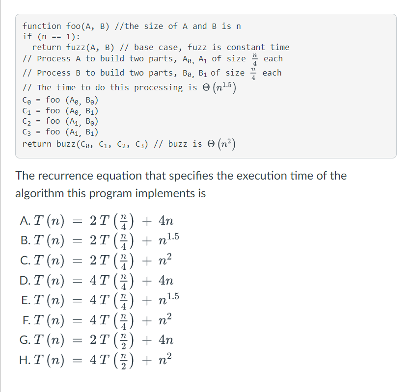 Solved function foo (A,B)// the size of A and B is n if | Chegg.com