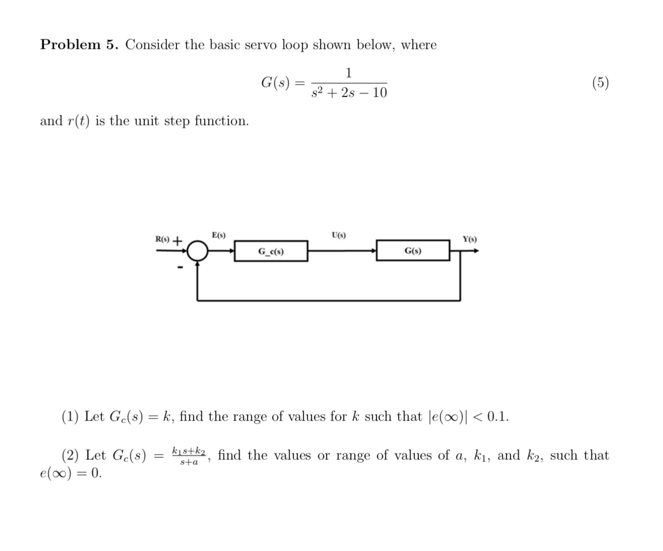 Solved Problem 5. Consider the basic servo loop shown below, | Chegg.com