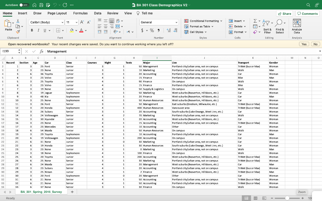Solved AutoSave OF 2. Q BA 301 Class Demographics V2 View | Chegg.com