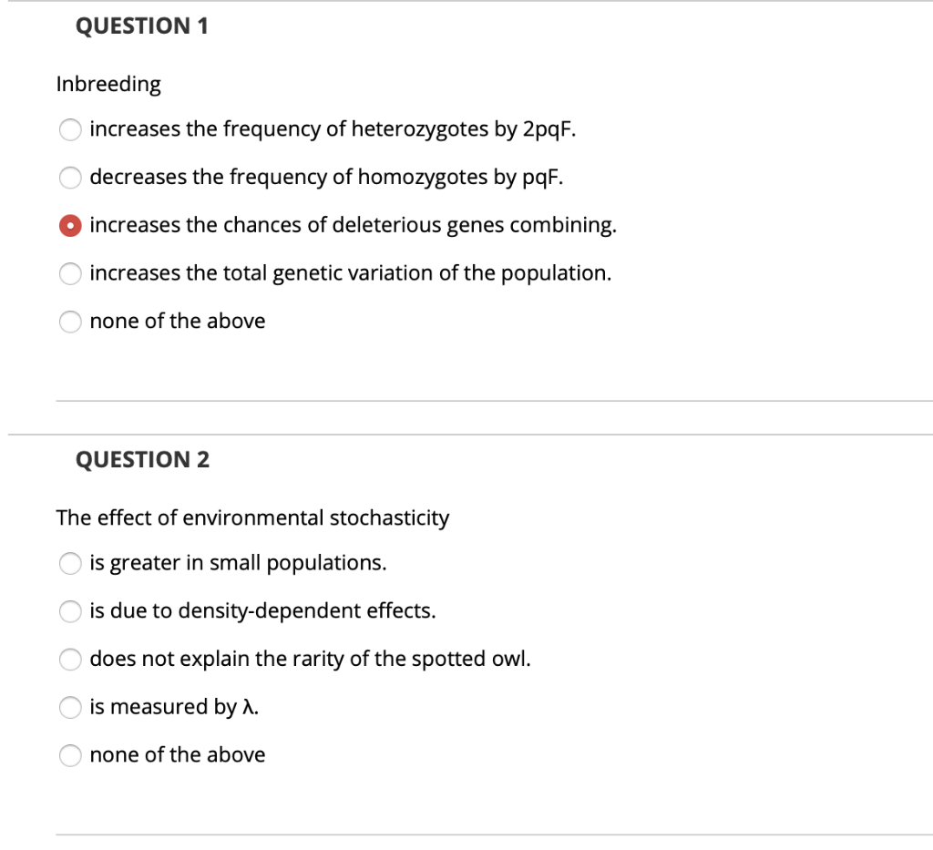 Solved QUESTION 1 Inbreeding O increases the frequency of | Chegg.com