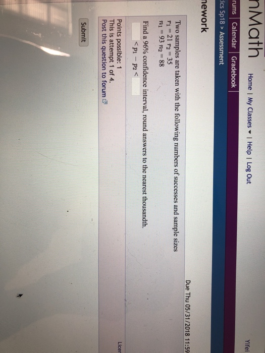 Solved nMath Home | My Classes Help | Log Out Yifei rums | Chegg.com