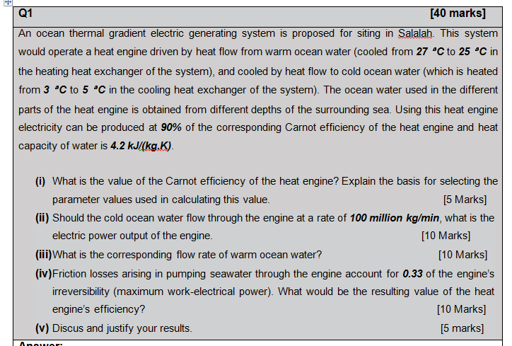 Solved Q1 [40 marks] An ocean thermal gradient electric | Chegg.com