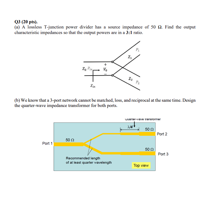 Solved Q3 (20 pts). (a) A lossless T-junction power divider | Chegg.com