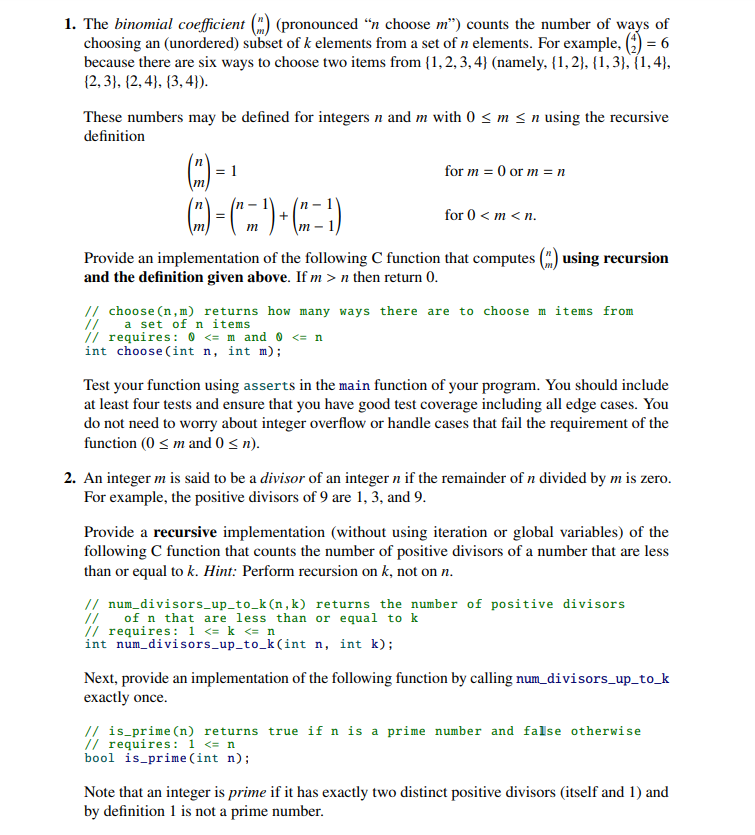 Solved 1. The binomial coefficient (%) (pronounced "n choose | Chegg.com