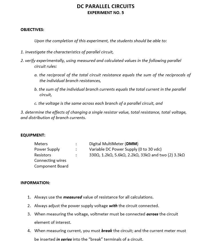 Solved DC PARALLEL CIRCUITS EXPERIMENT NO.5 OBJECTIVES: Upon | Chegg.com