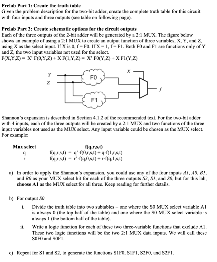 Solved Prelab Part 1: Create the truth table Given the | Chegg.com