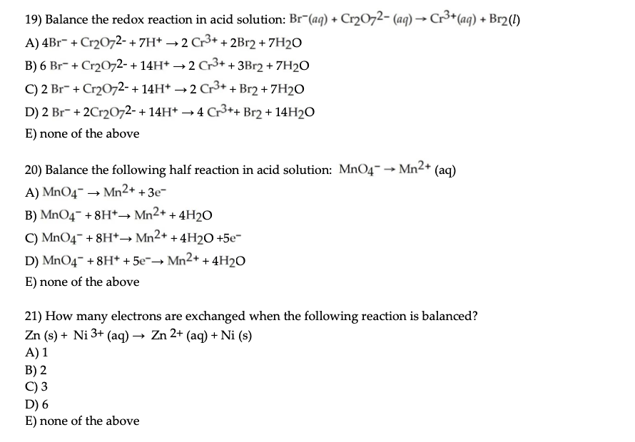 Solved 19) Balance the redox reaction in acid solution: | Chegg.com