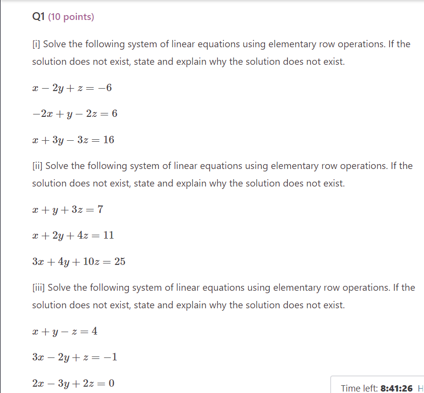 Solved Q1 (10 ﻿points)[i] ﻿Solve the following system of | Chegg.com