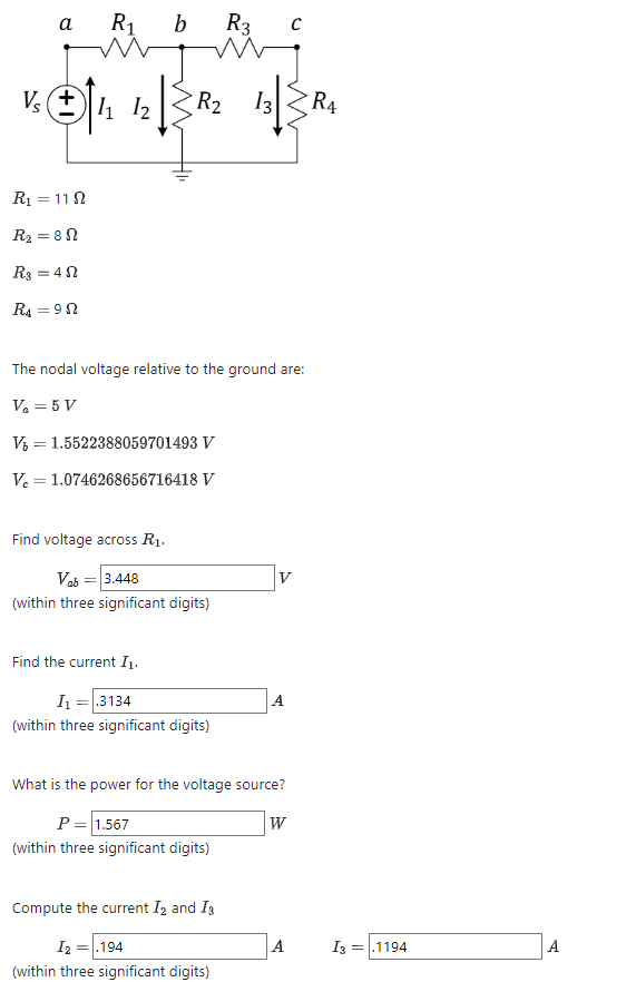 Solved R1=11ΩR2=8ΩR3=4ΩR4=9Ω The nodal voltage relative to | Chegg.com