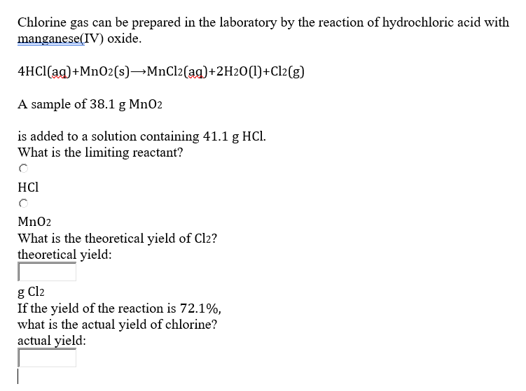 Solved Chlorine gas can be prepared in the laboratory by the | Chegg.com