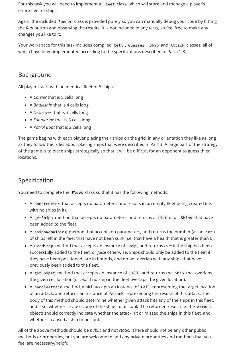 Solved For this task you will need to implement a Fleet | Chegg.com