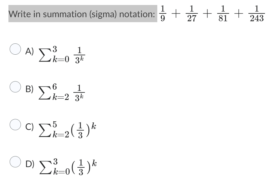Solved Write in summation (sigma) notation: 91+271+811+2431 | Chegg.com