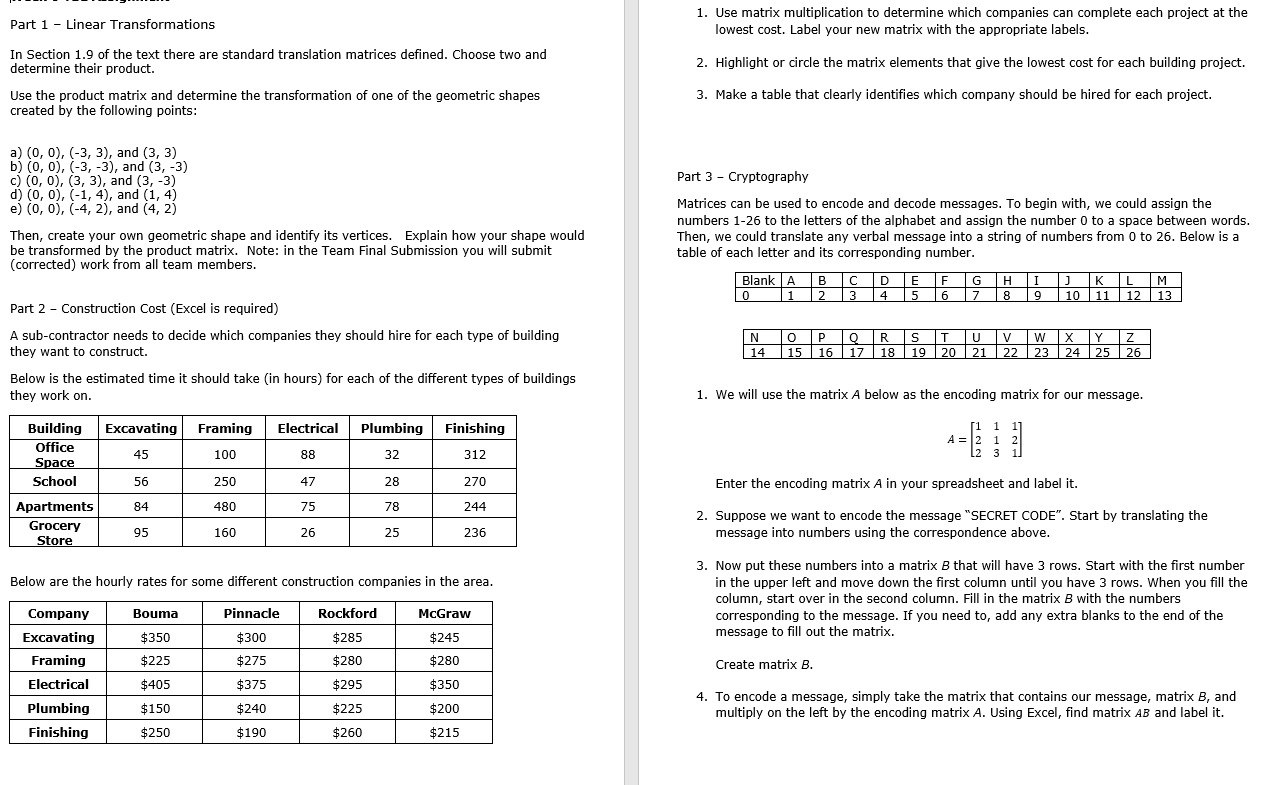 Solved Part 1 - Linear Transformations 1. Use matrix | Chegg.com