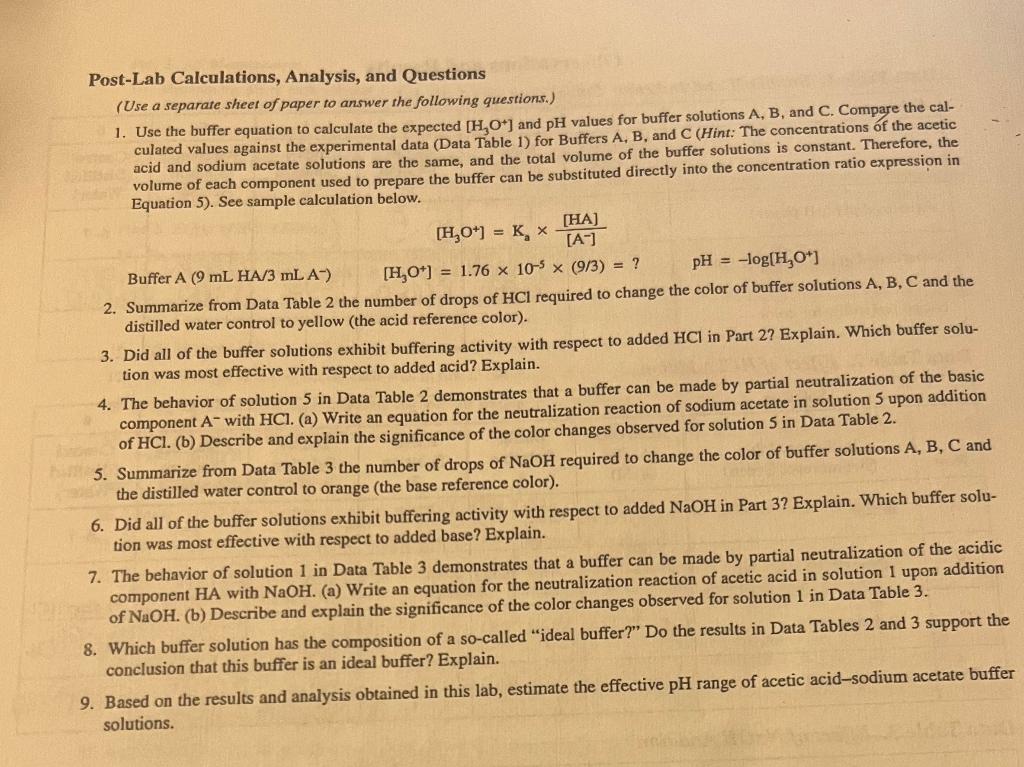 Post-Lab Calculations, Analysis, and Questions (Use a | Chegg.com