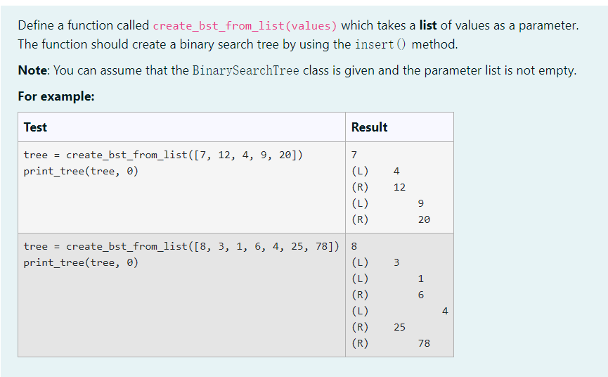 Solved Define a function called create_bst_from_list(values) | Chegg.com