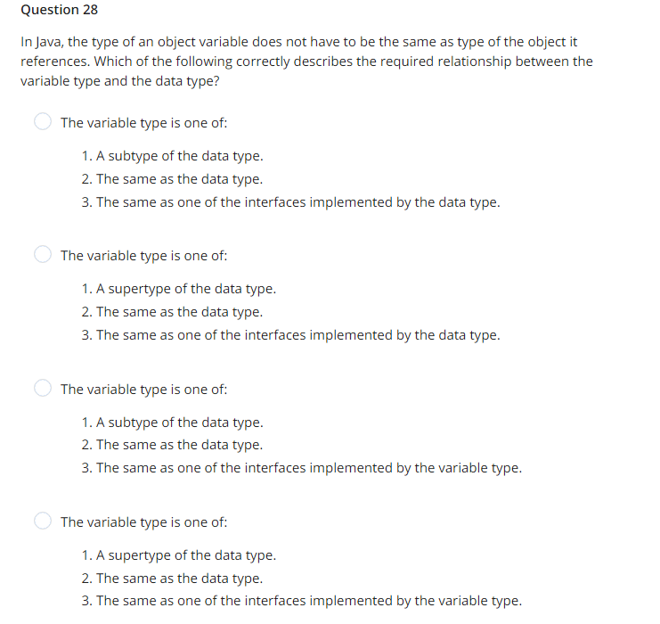 Solved Question 28 In Java The Type Of An Object Variable 9246
