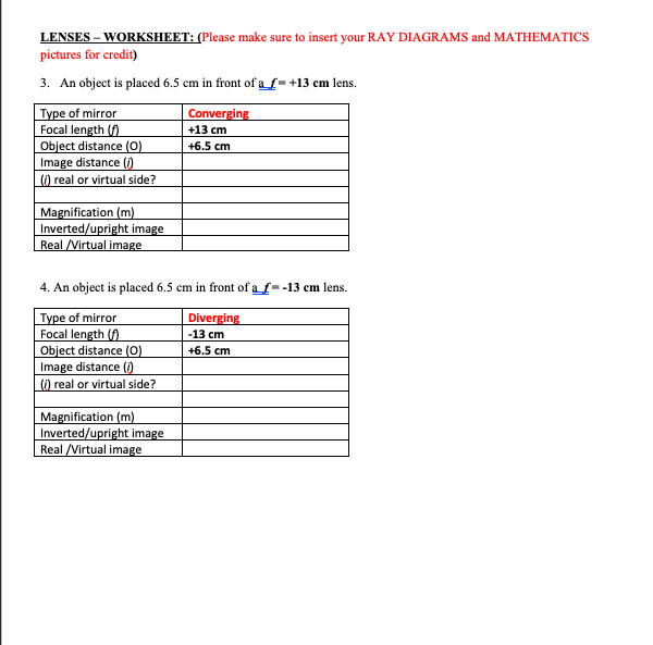 Solved LENSES - WORKSHEET: (Please make sure to insert your | Chegg.com