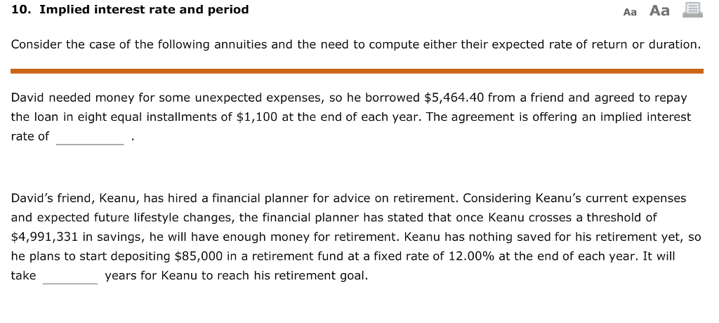 Solved 10. Implied interest rate and period Aa Aa Consider | Chegg.com