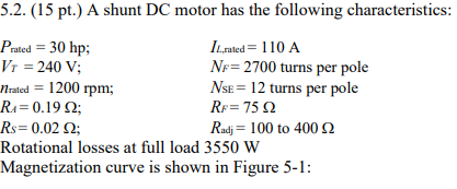 5.2. (15 pt.) A shunt DC motor has the following | Chegg.com