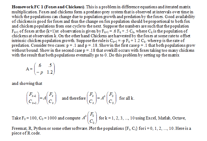 Solved Homework FC 1 (Foxes and Chickens). This is a problem | Chegg.com