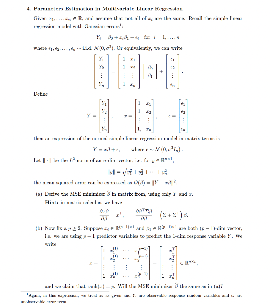 4. Parameters Estimation in Multivariate Linear | Chegg.com