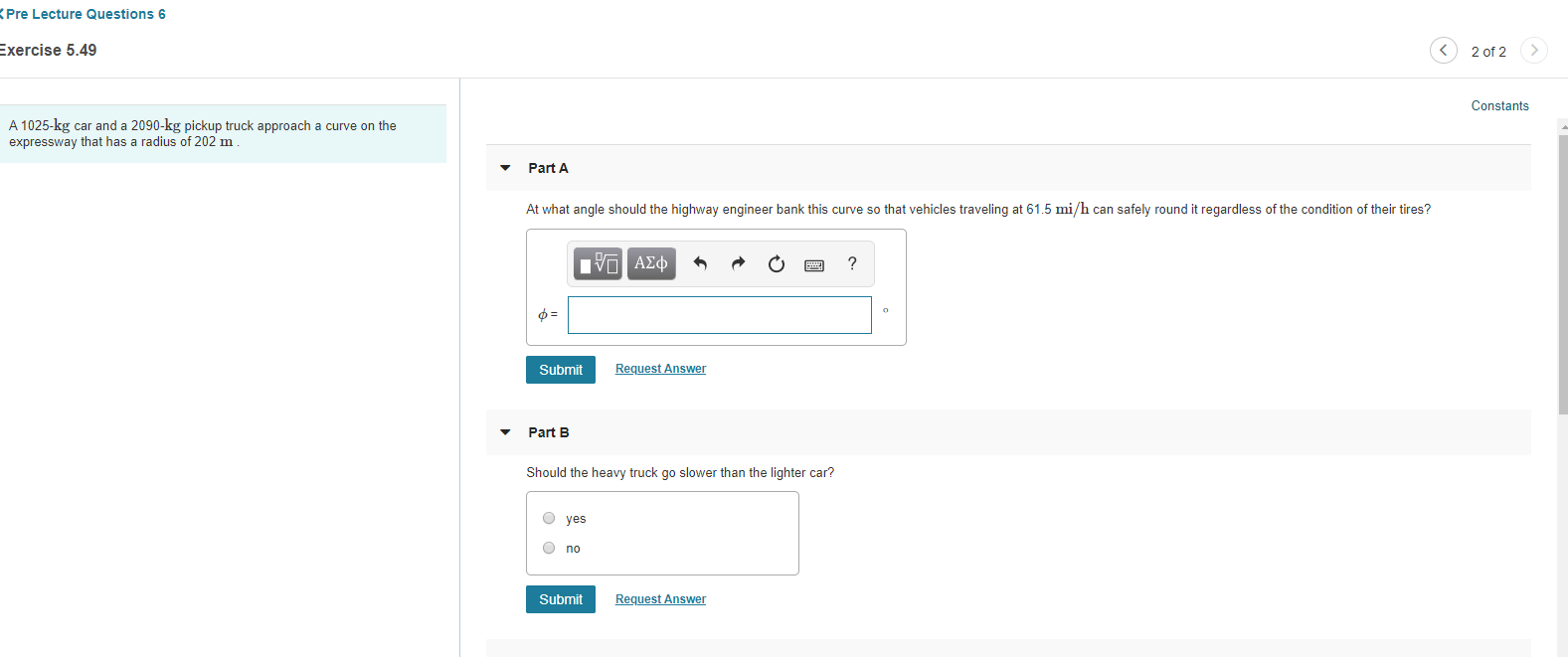 Solved Pre Lecture Questions 6 Exercise 5.49 ③ 2012 | Chegg.com