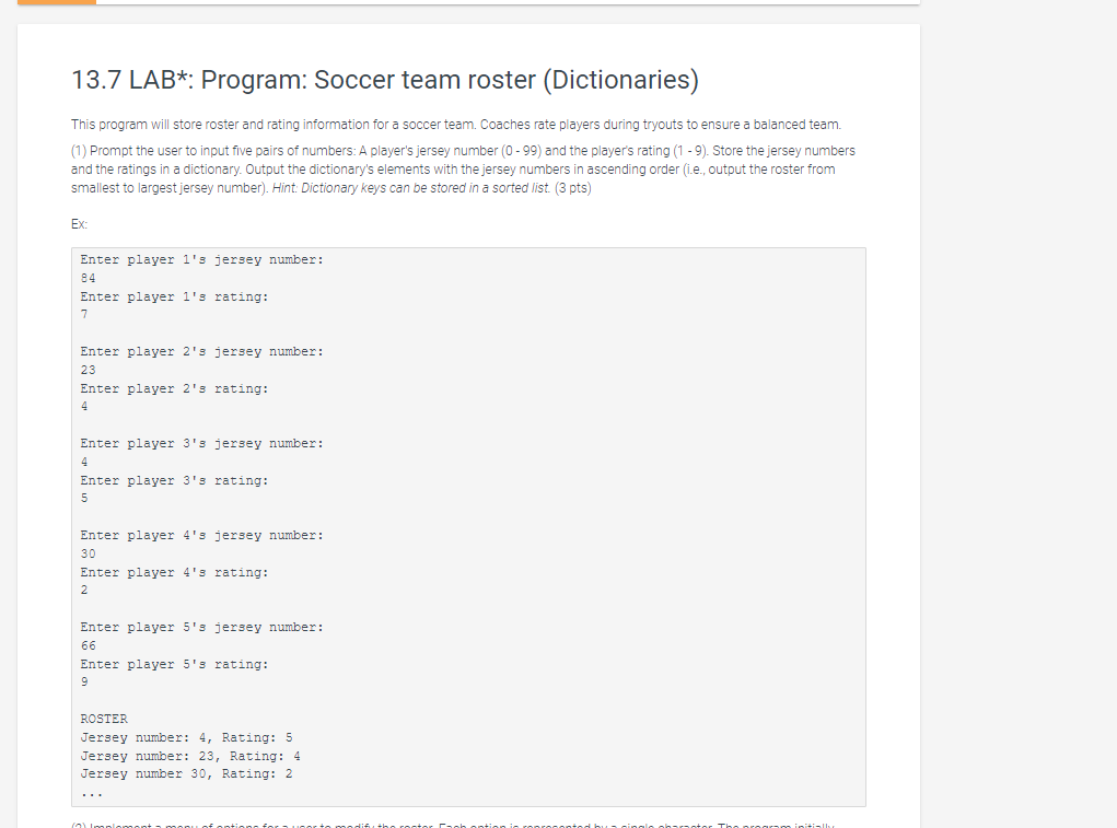 Solved 13.7 LAB*: Program: Soccer team roster (Dictionaries) | Chegg.com