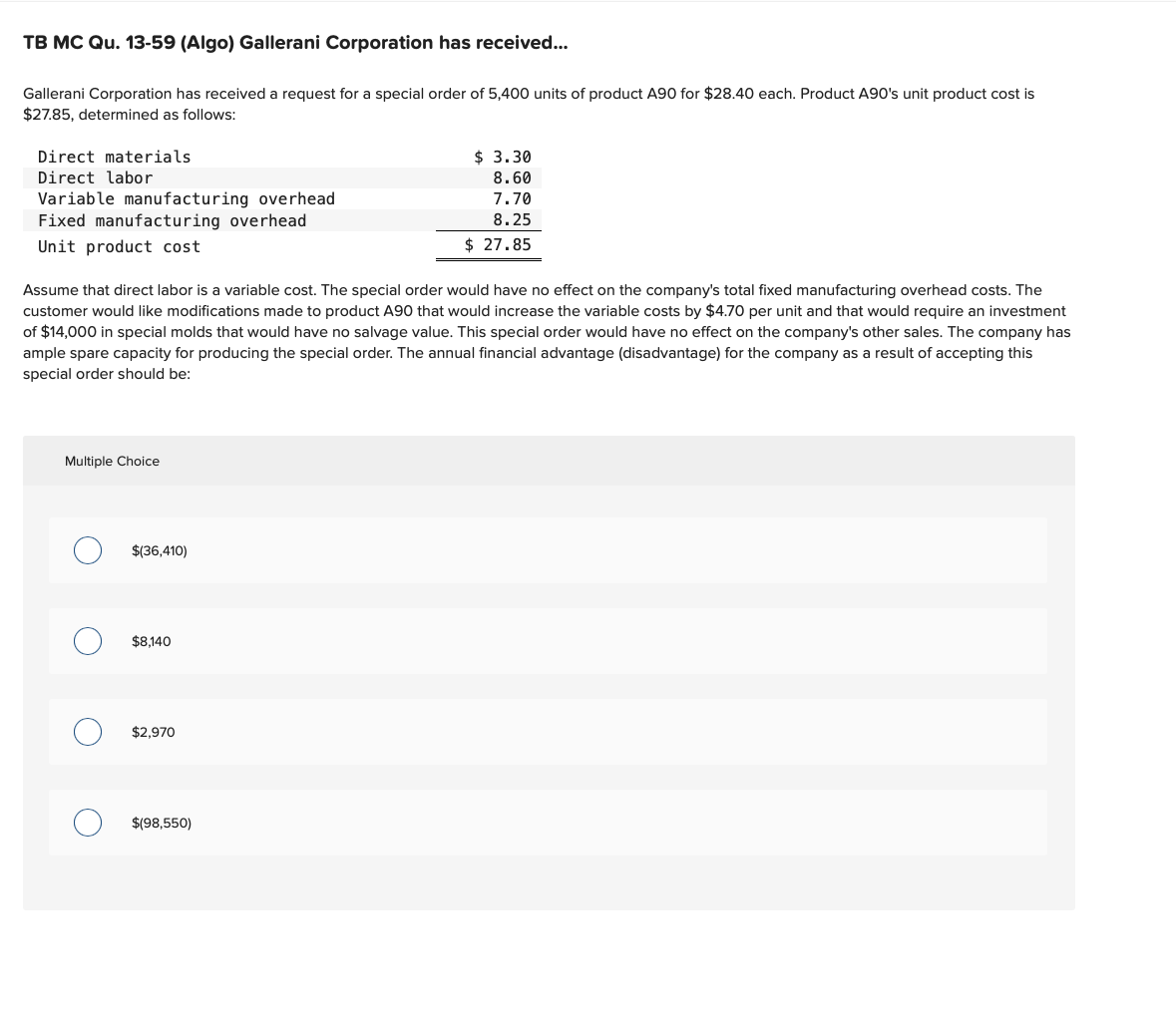 Solved TB MC Qu. 13-59 (Algo) ﻿Gallerani Corporation has | Chegg.com
