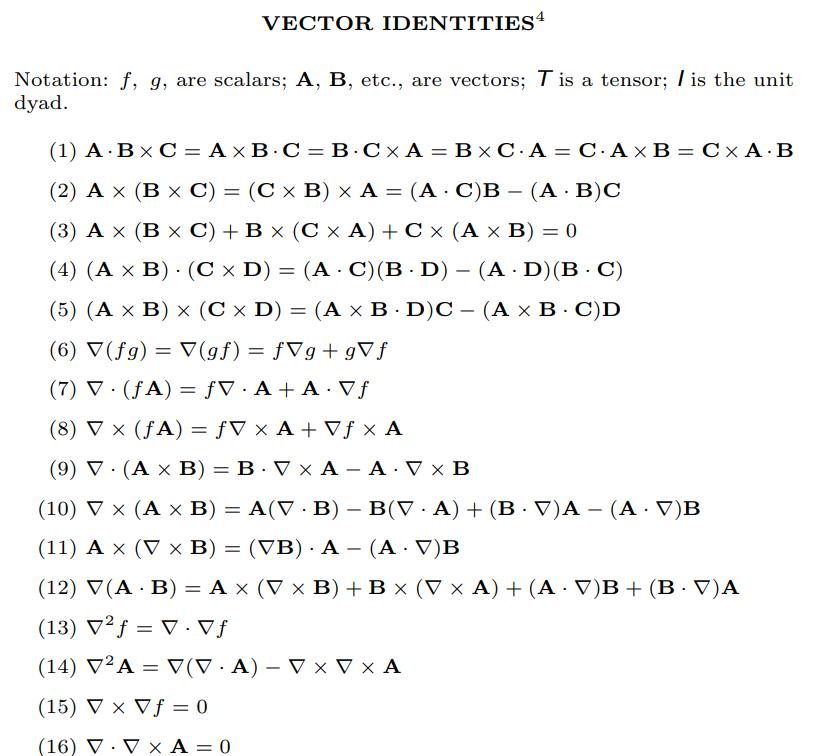 Solved VECTOR IDENTITIES4 Notation: f, g, are scalars; A, B, | Chegg.com