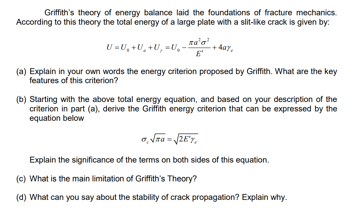 Griffith's theory of energy balance laid the | Chegg.com
