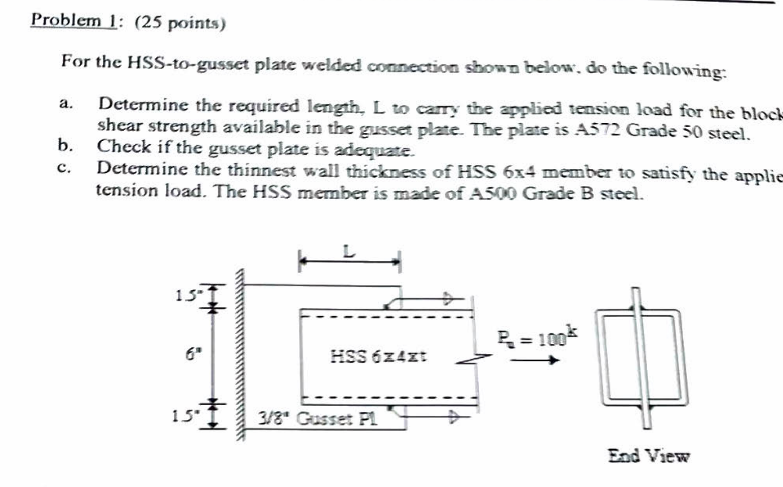 Solved Problem 1: (25 points) a. For the HSS-to-gusset plate | Chegg.com