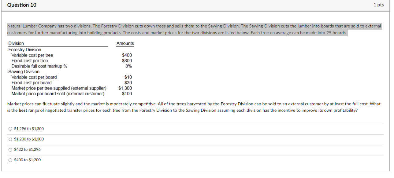 Solved Question 10 $1,296 to $1,300$1,200 to $1,300$432 to | Chegg.com