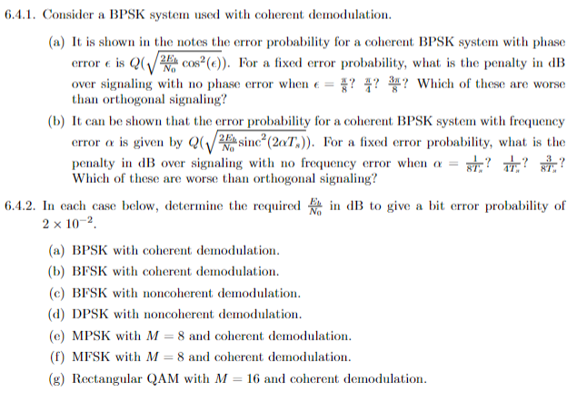 6.4.1. Consider a BPSK system used with coherent | Chegg.com